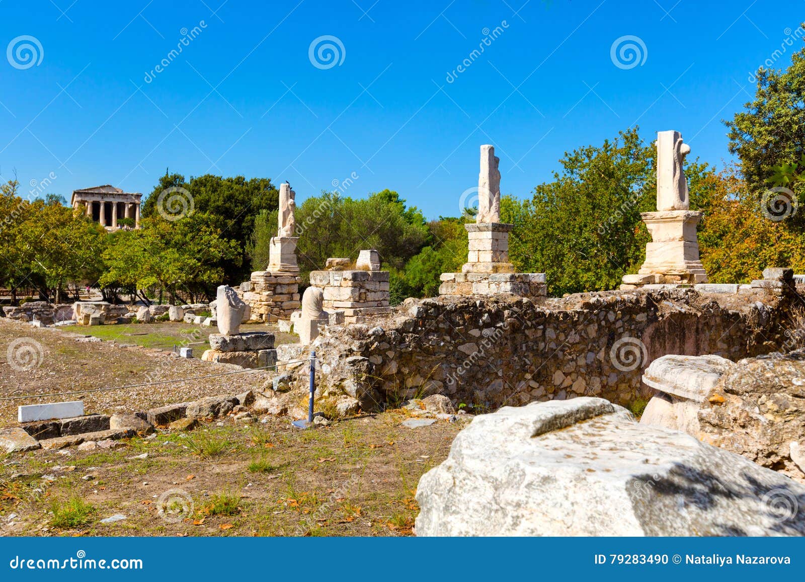 Odeon of Agrippa Statues in Ancient Agora of Athens, Greece Stock Photo ...