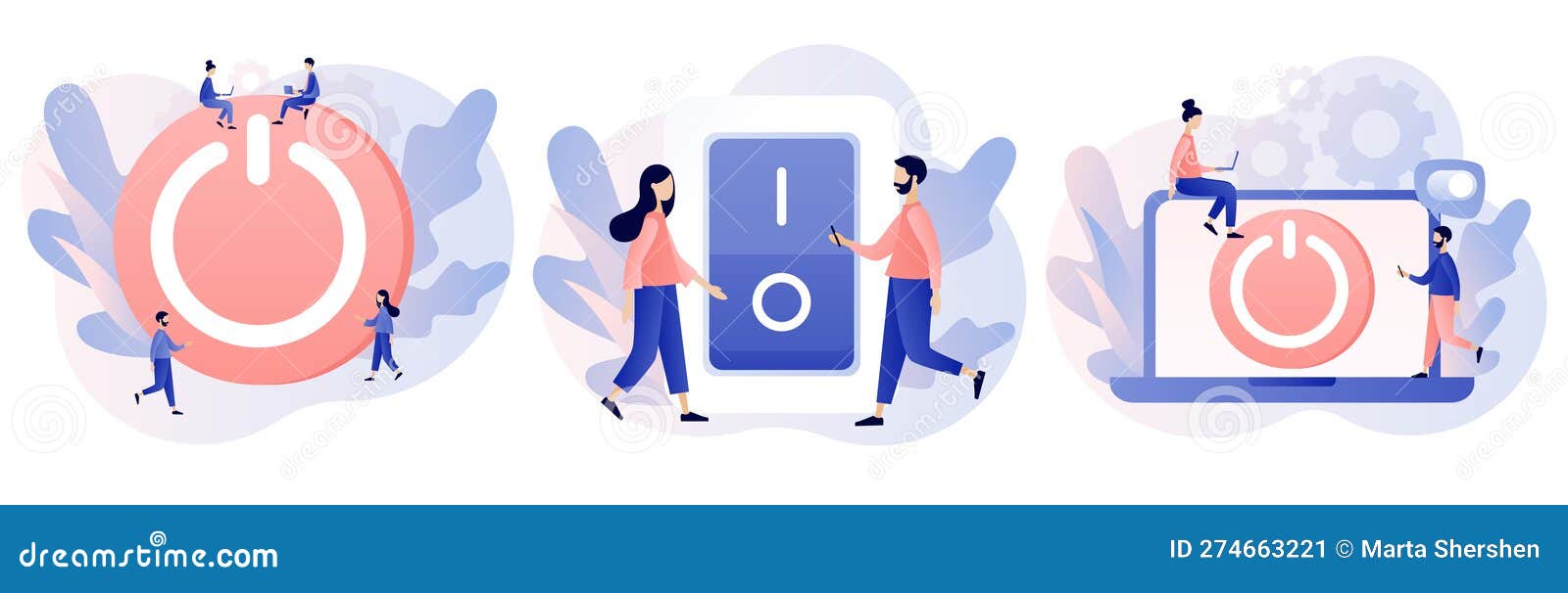 On Off Button Concept. Tiny People Press Switch. Characters Turning Off ...