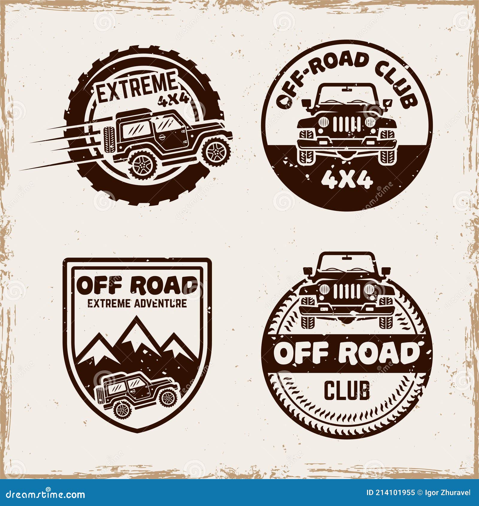 Off Road Set of Four Vector Emblems, Badges, Labels or Logos in Vintage ...