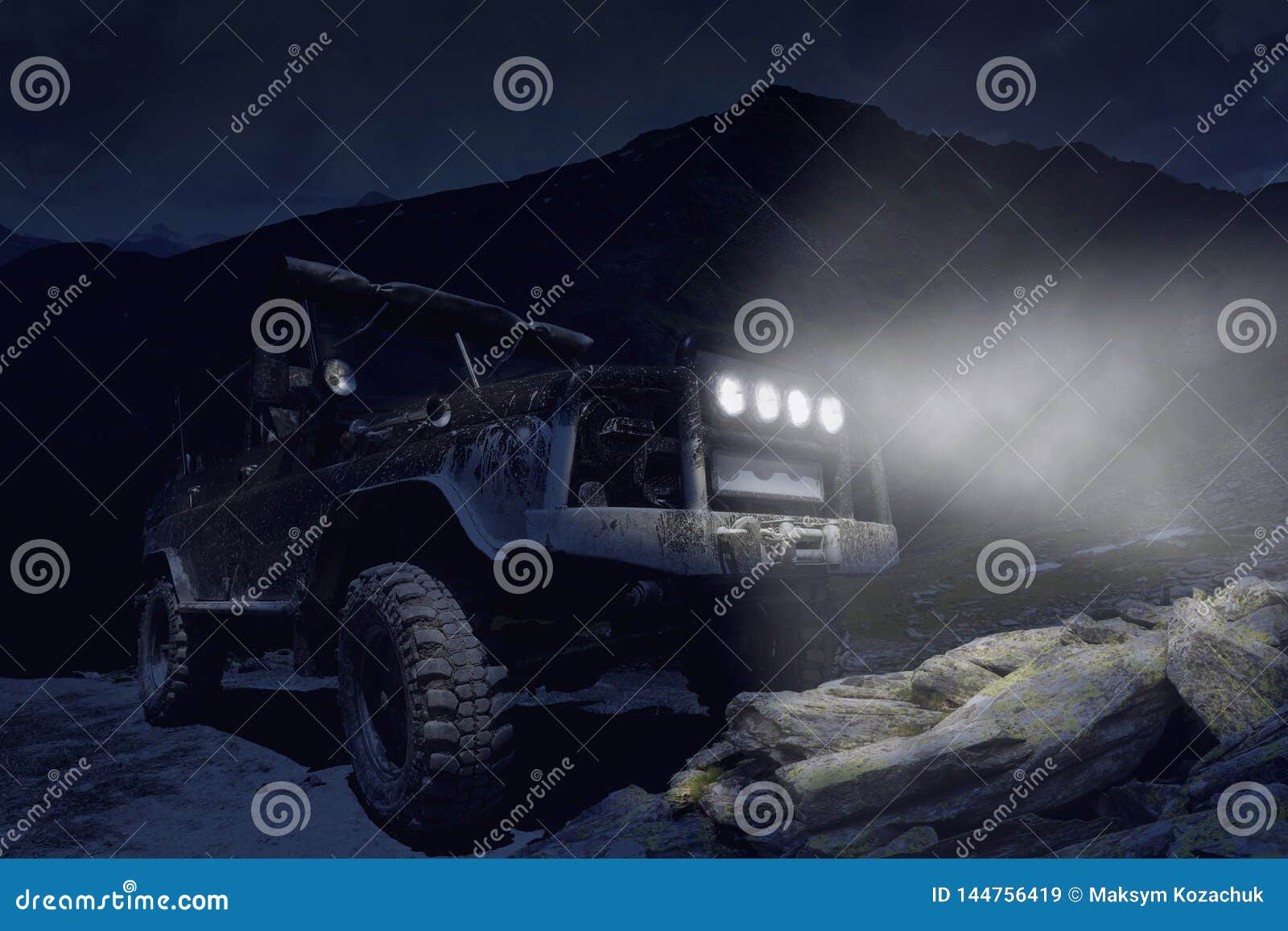 Off-road SUV night photo stock image. Image of beam - 144756419