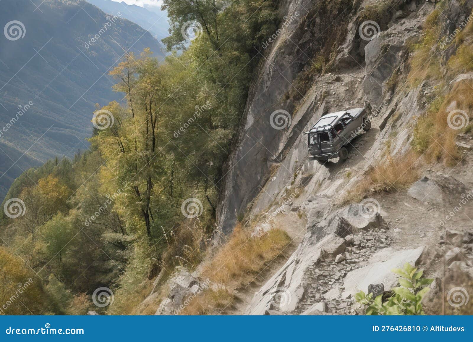 Off-road Vehicle Descending Steep Cliff Side, with Sharp Drop To the ...