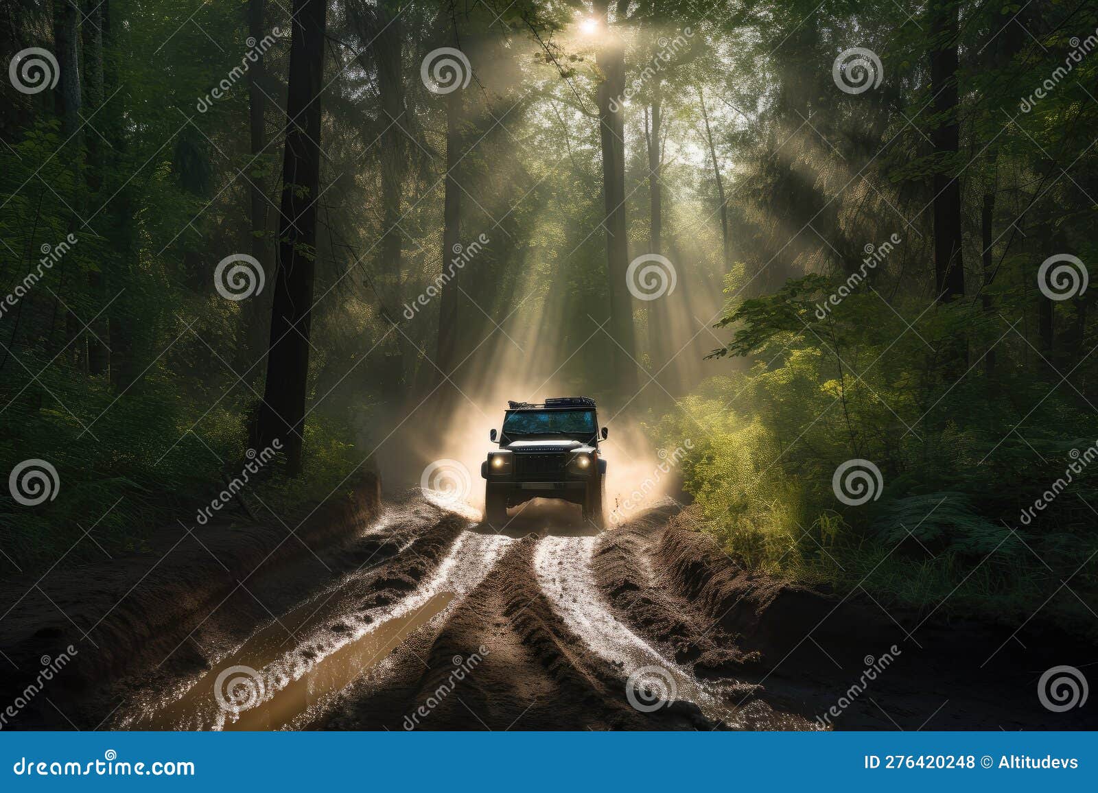 Off-road Vehicle Driving through Dense Forest, with Sunlight Filtering ...