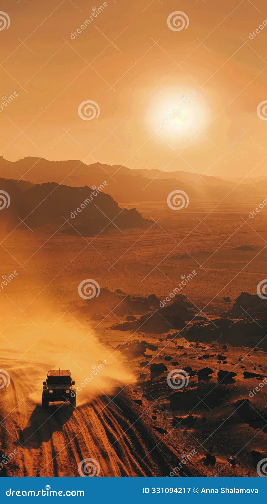 Off-road Vehicle Driving through a Vast Desert with a Dramatic Sunset ...