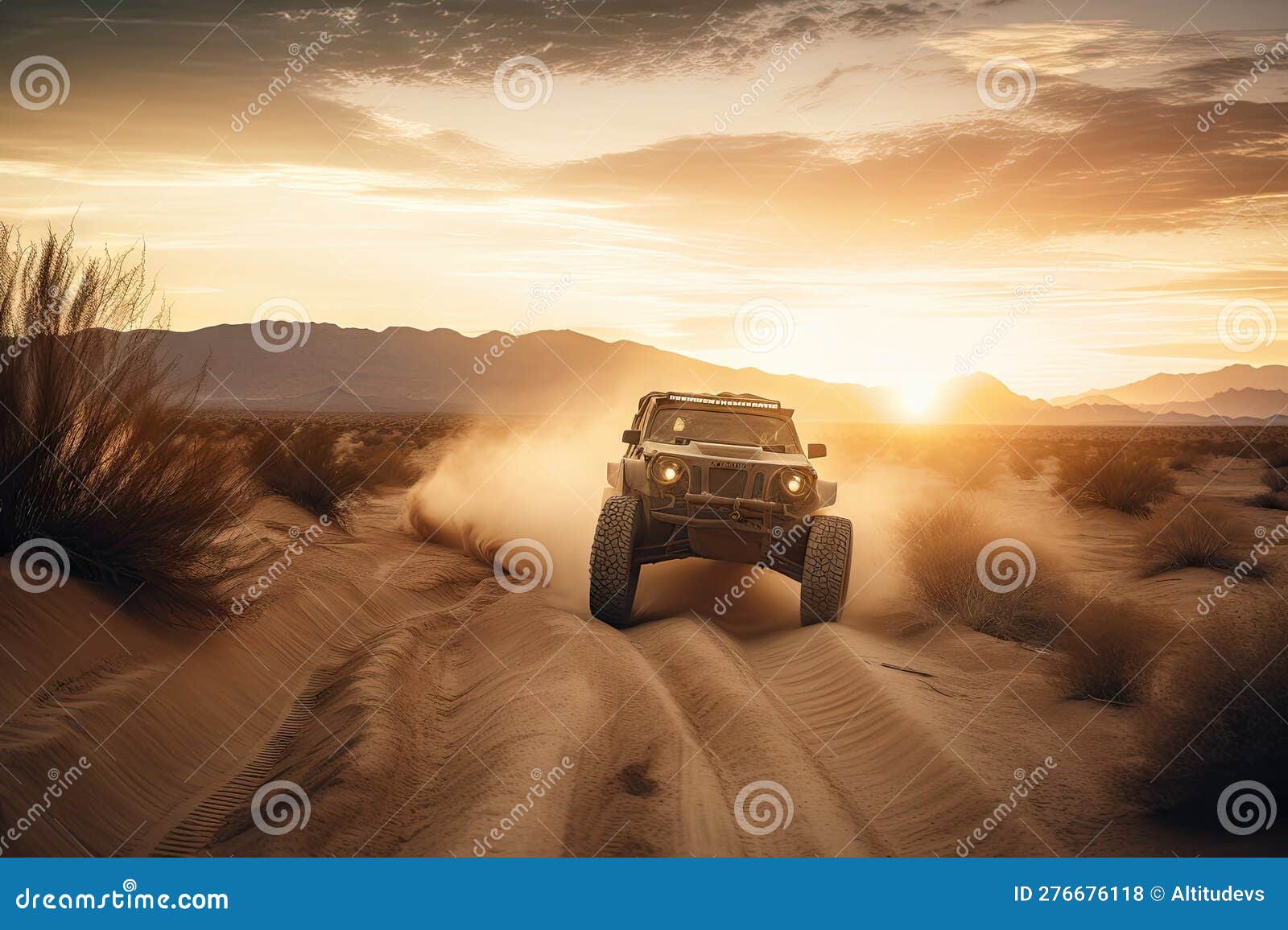 Off-road Vehicle Speeding through the Desert with Dramatic Sunset in ...