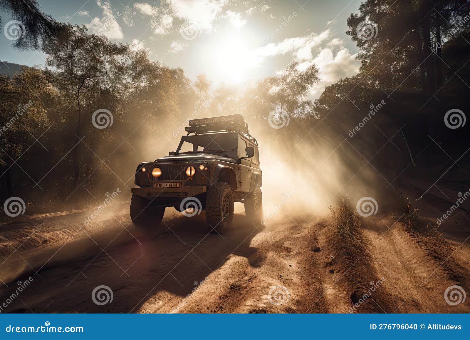 Off-road Vehicle Speeding Over Rough Terrain, with the Sun Shining Down ...