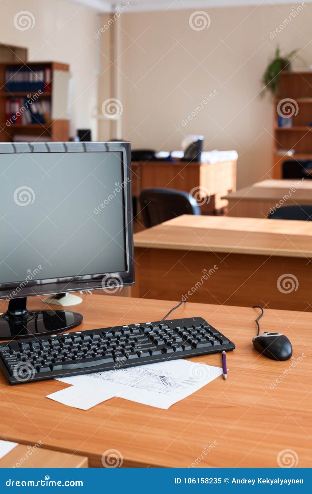 Off Unit of Computer Equipments is in Clear Work Place of Empty Office ...