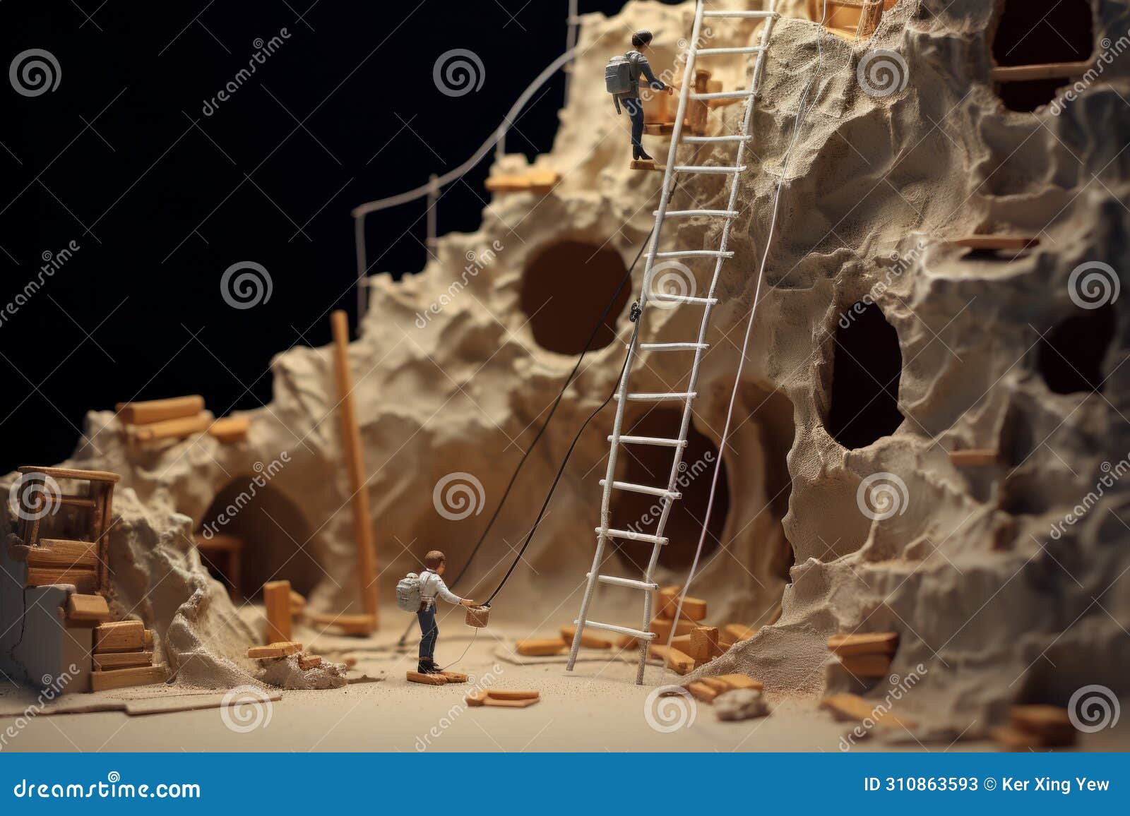 An Offbeat Scene of a Miniature Figure Climbing a String Ladder into ...
