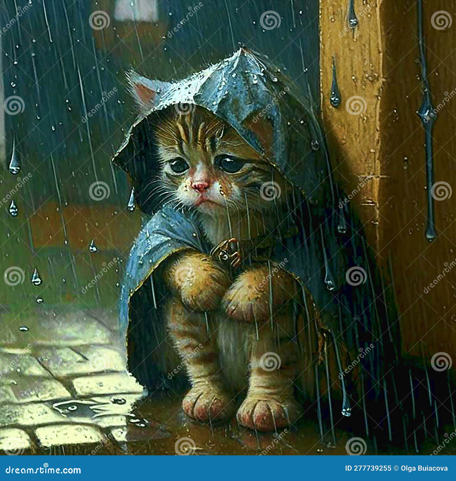 Offended Cat Sitting on the Street in the Rain. Created with Generative ...