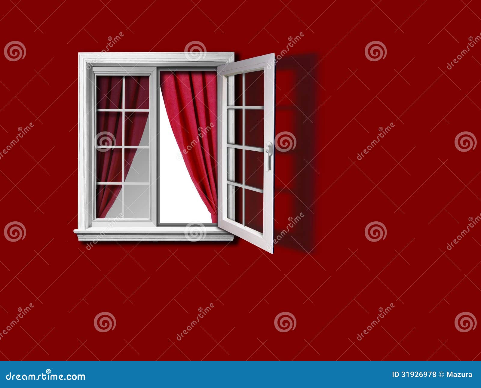 Offenes Fenster Mit Vorhang Und Roter Wand Stock Abbildung ...