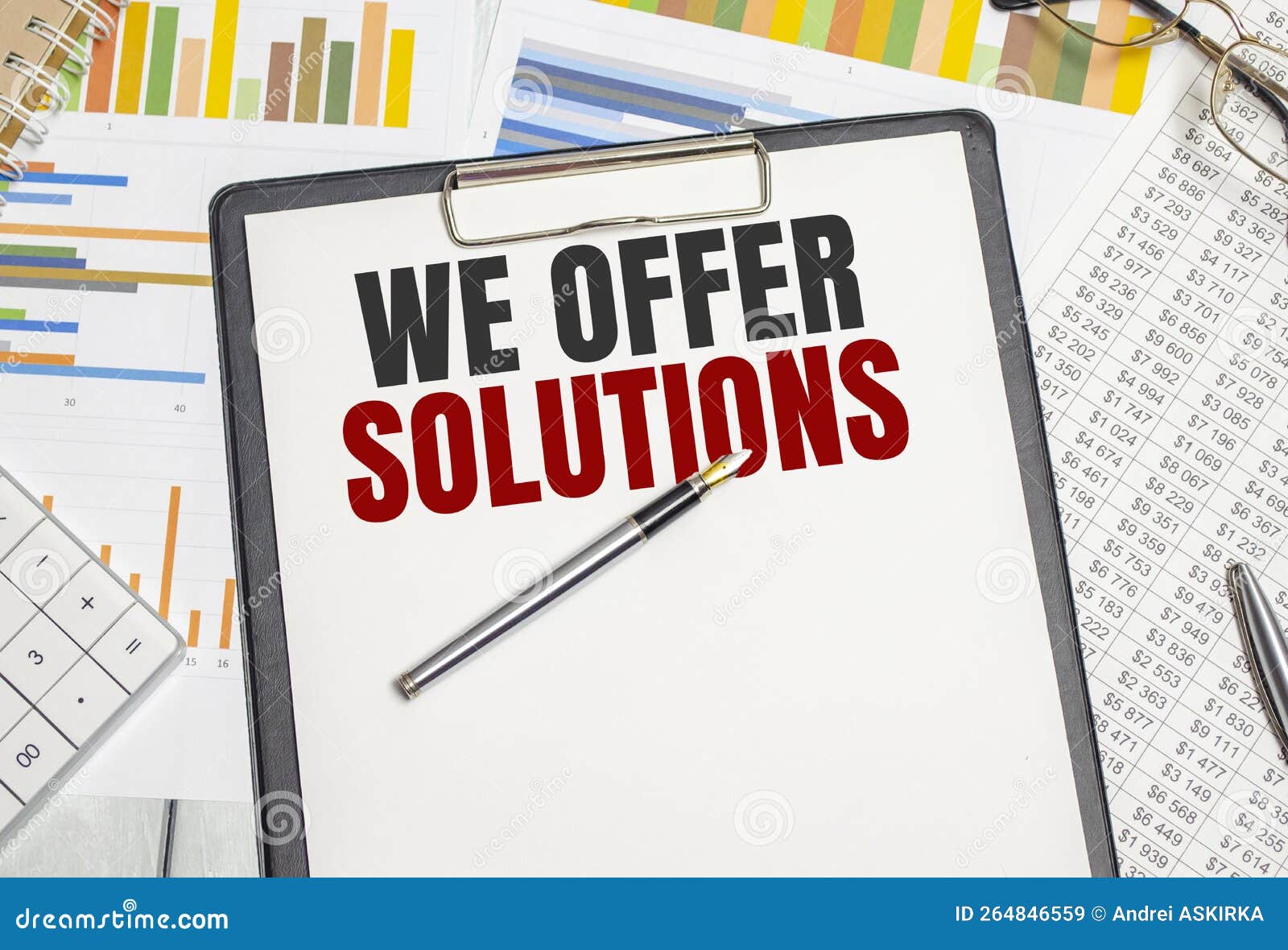 We Offer Solutions . Conceptual Background with Chart ,papers and Pen ...