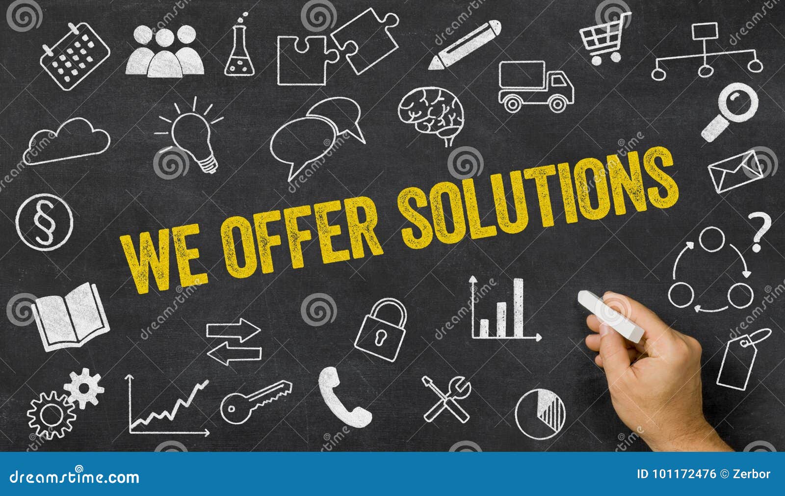 We Offer Solutions Written on a Blackboard Stock Photo - Image of dark ...