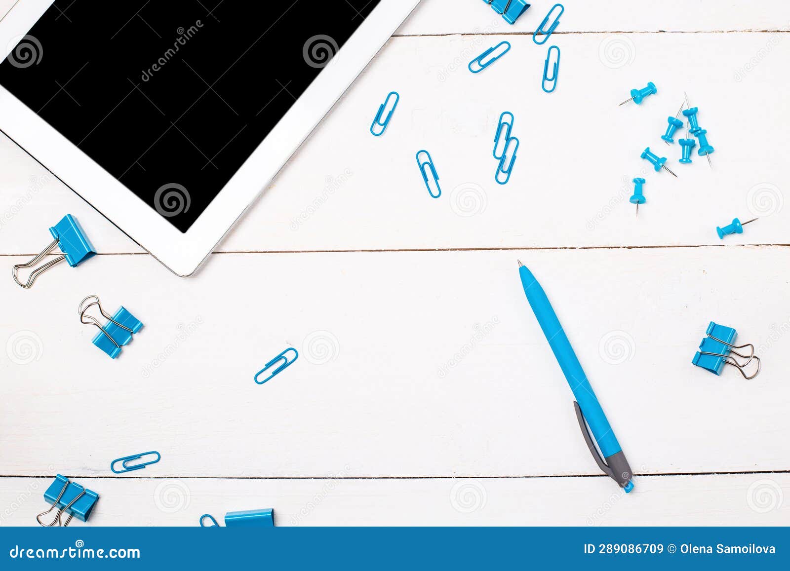 Office Accessories on White Boards Top View. Layout for Office Stock ...