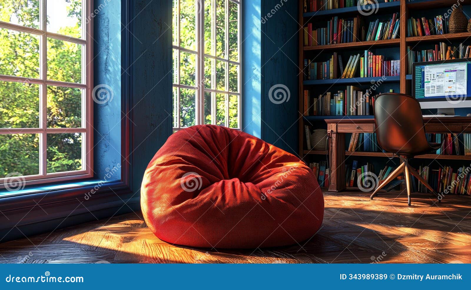An Office with a Bean Bag, a Desk, and a Bookshelf, Creating a Relaxed ...