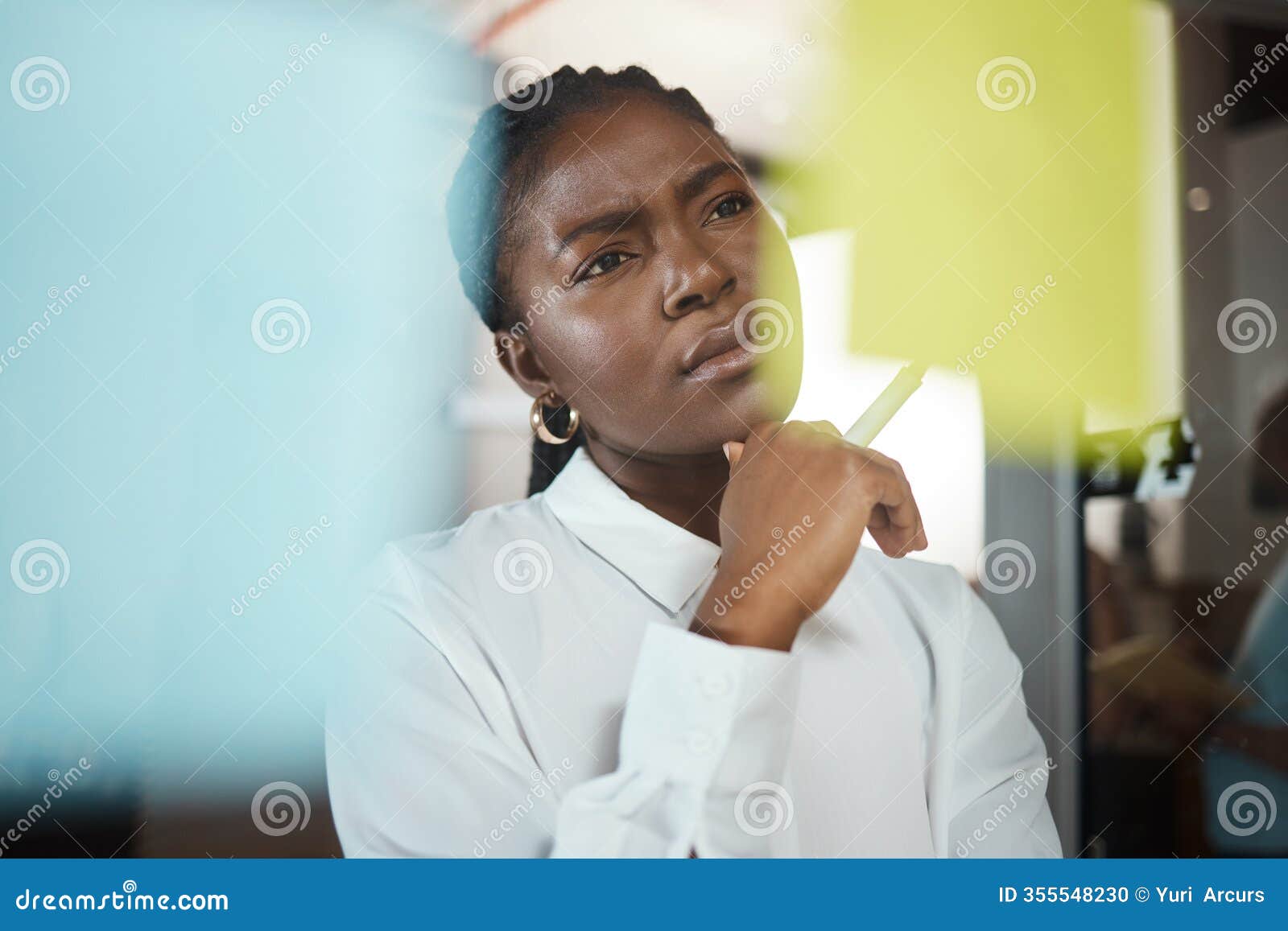 Office, Black Woman and Problem Solving with Sticky Note for Planning ...