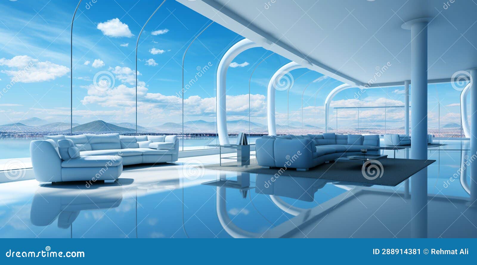Office with Blue Ocean Panorama with Sun Reflection, Zoom Virtual ...