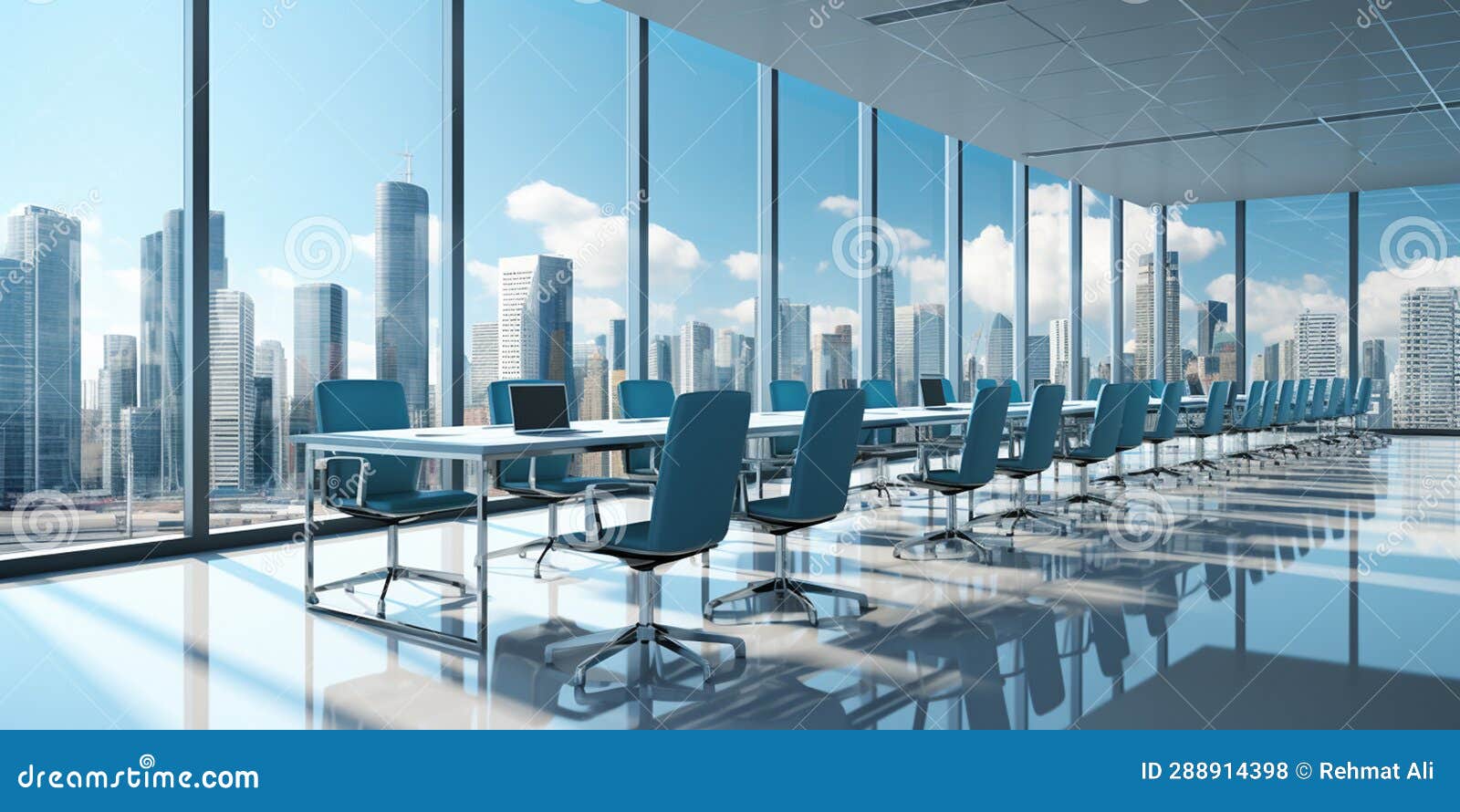 Office with Blue Ocean Panorama with Sun Reflection, Zoom Virtual ...