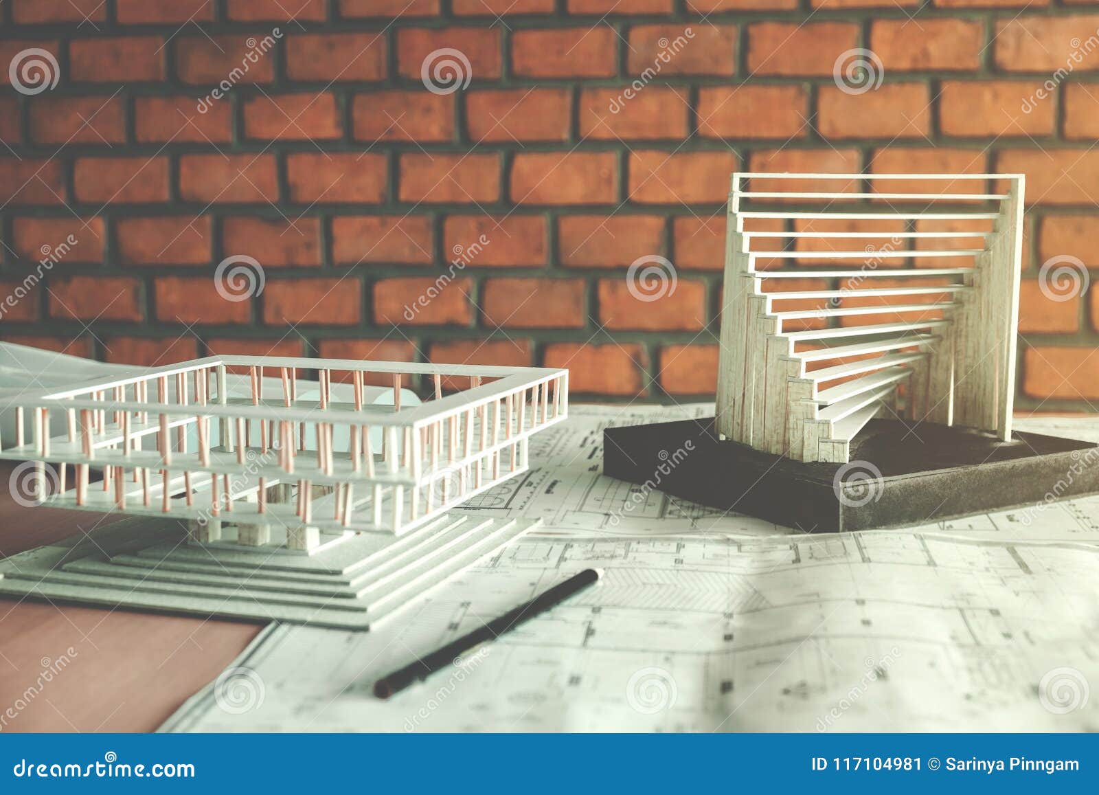 Office on Blueprint and Model Building. Architects Workplace Stock ...