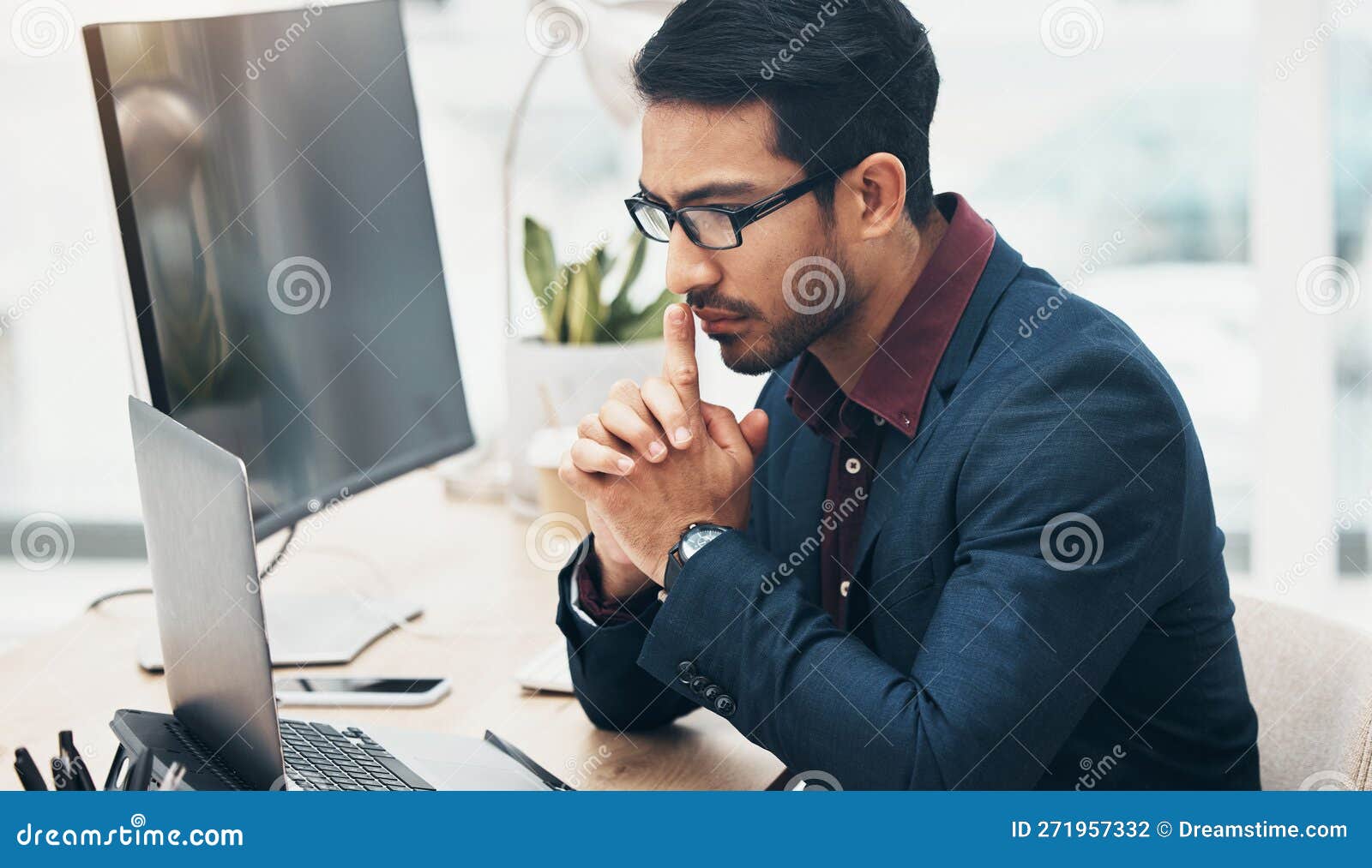 Office, Brainstorming and Man at Computer Thinking of Ideas for Online ...