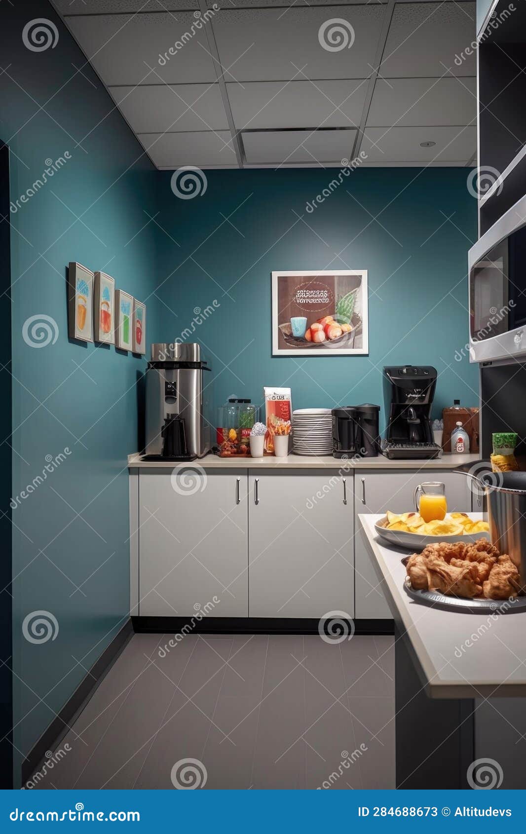 Office Break Room with Coffee Machine and Snacks Stock Illustration ...