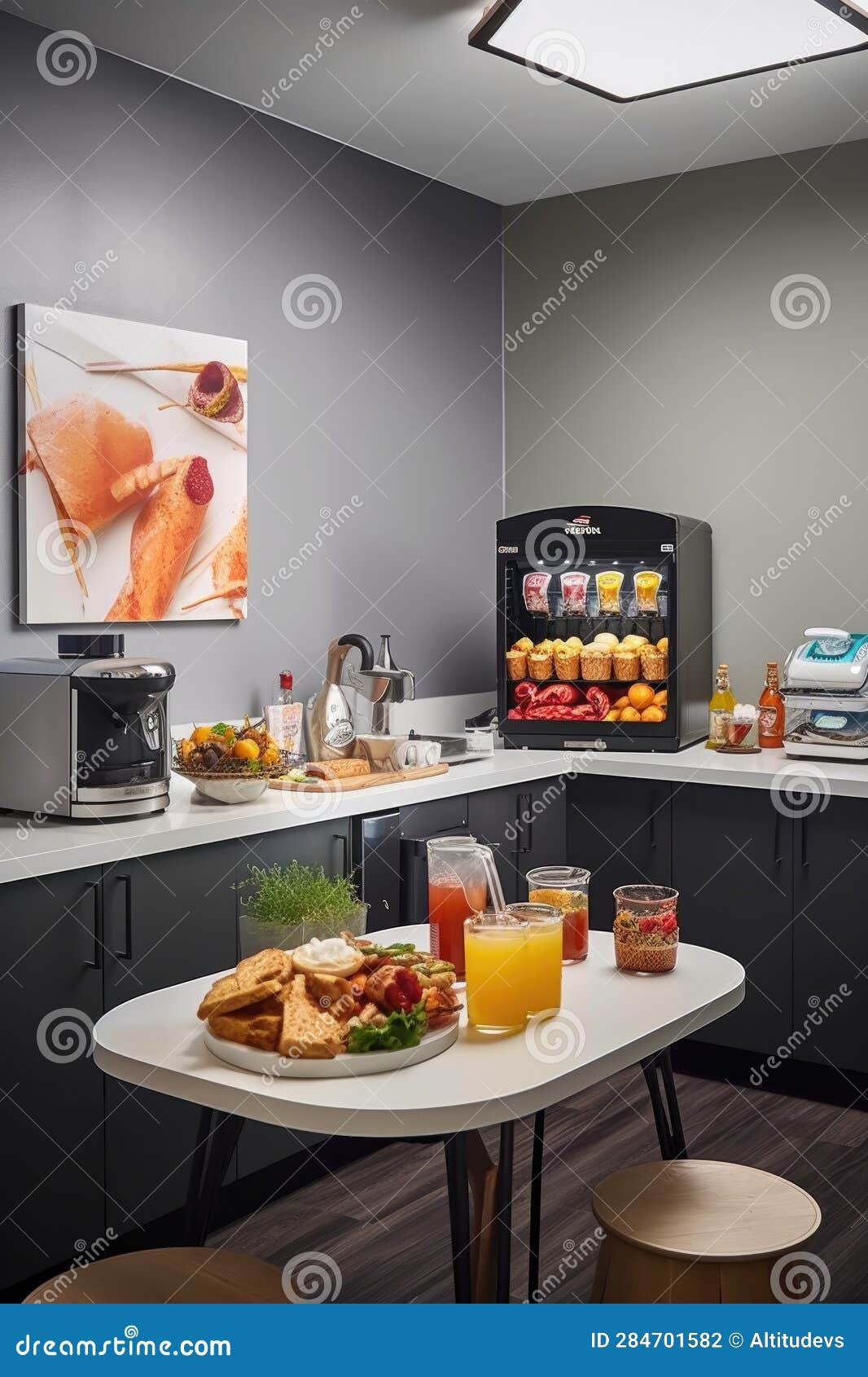 Office Break Room with Coffee Machine and Snacks Stock Illustration ...