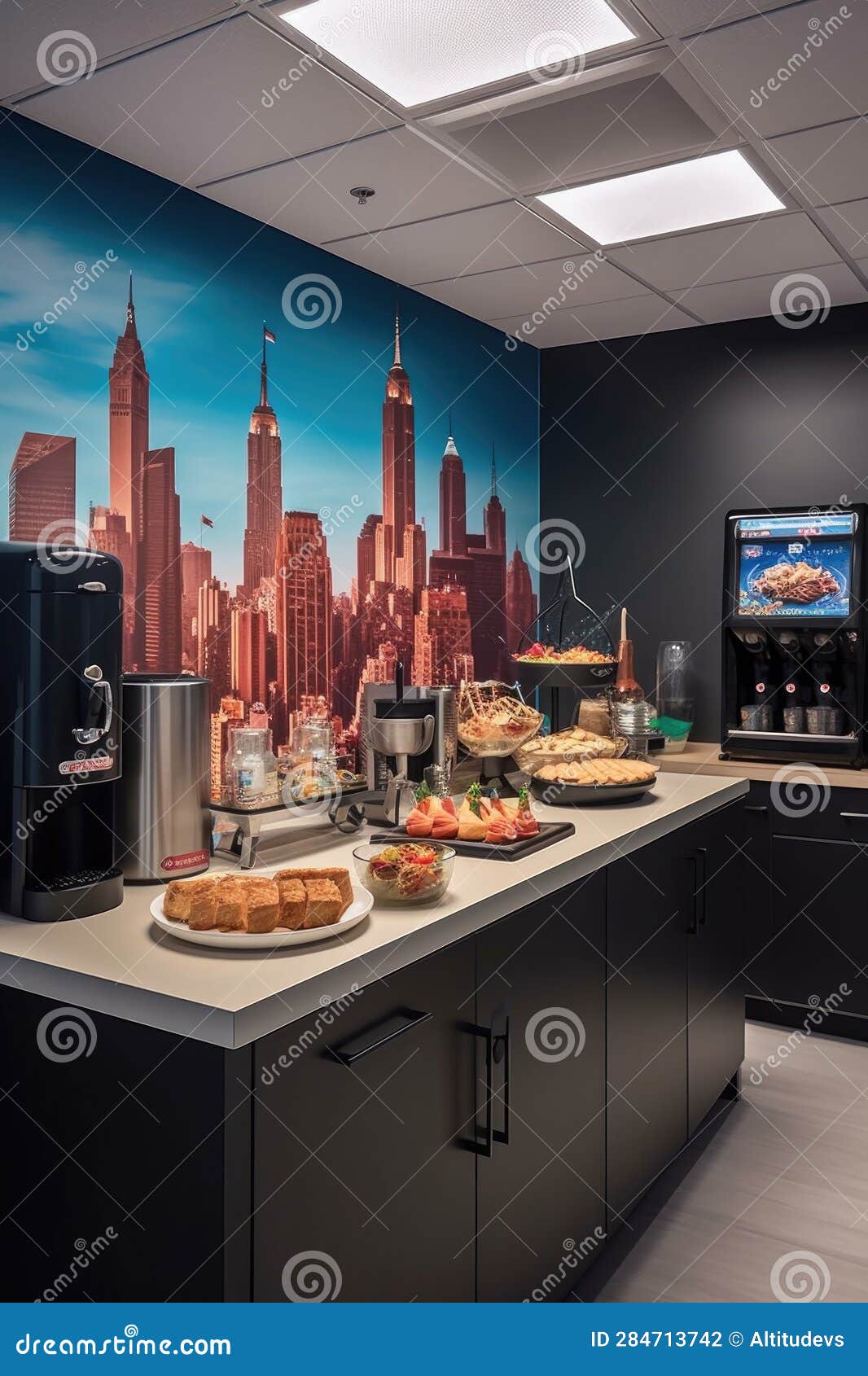 Office Break Room with Coffee Machine and Snacks Stock Illustration ...