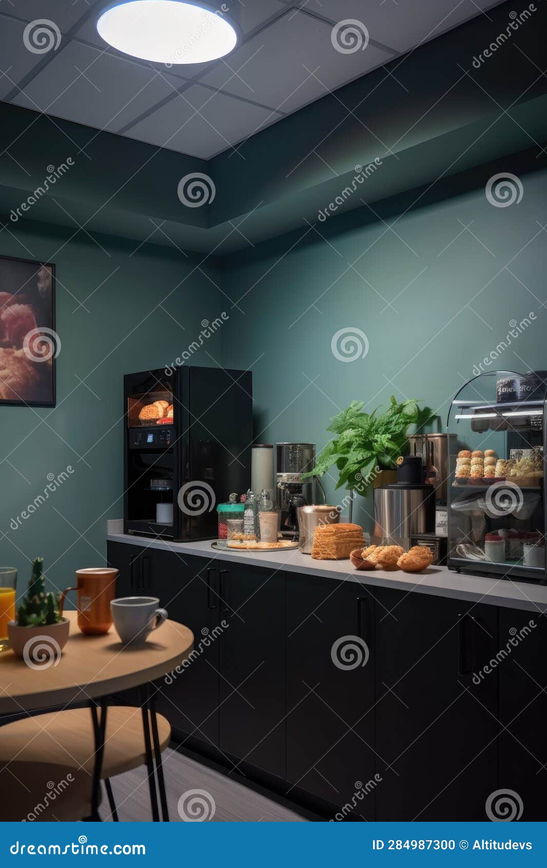Office Break Room with Coffee Machine and Snacks Stock Illustration ...