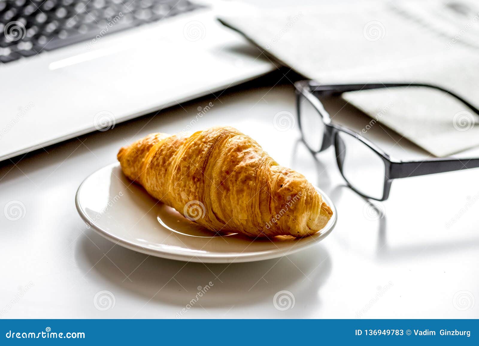Office Breakfast with Laptop on White Desk Stock Image - Image of lunch ...