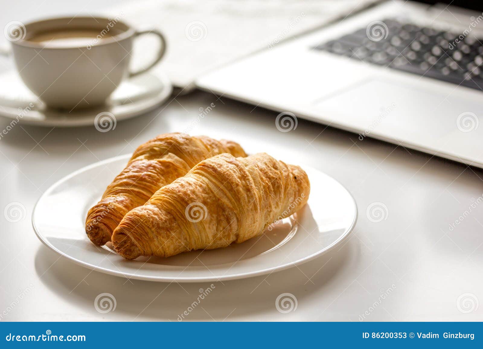 Office Breakfast with Laptop on White Desk Stock Image - Image of break ...