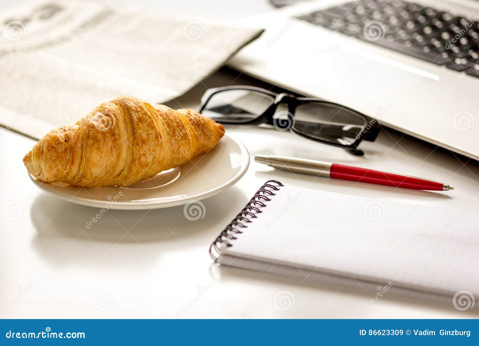 Office Breakfast with Laptop on White Desk Stock Image - Image of ...