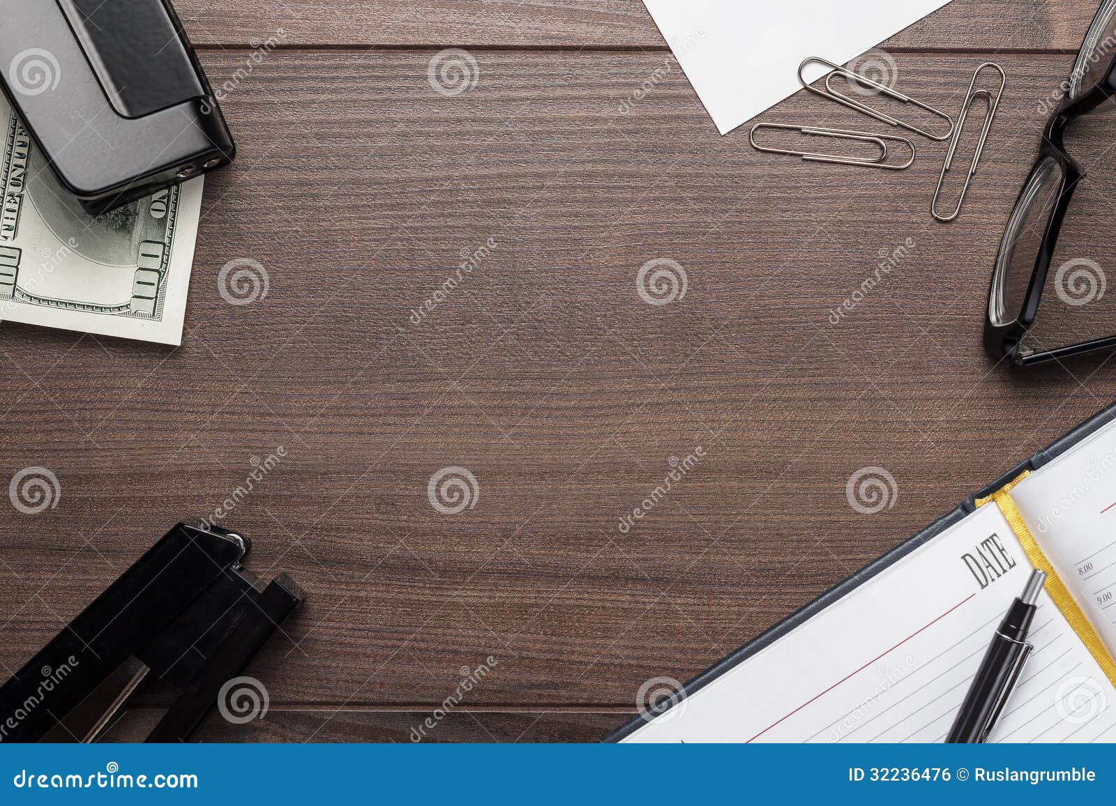 Office Brown Wooden Table with Some Objects Stock Photo - Image of ...