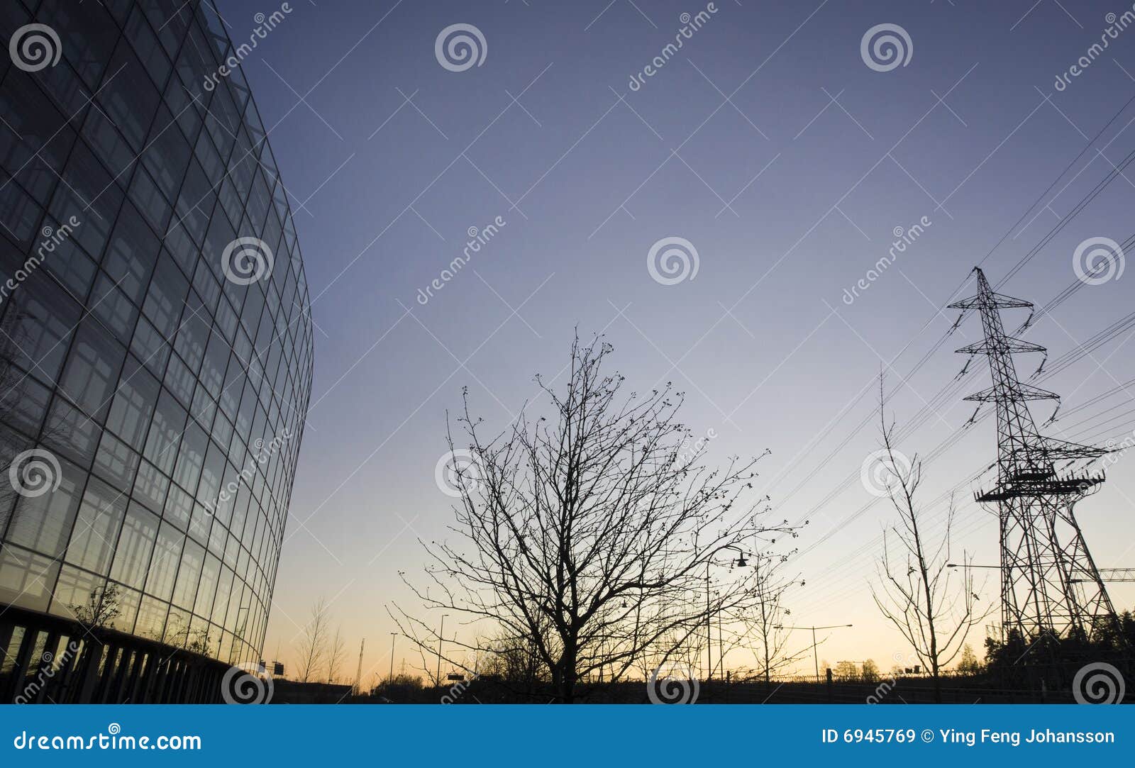 Office Building and Electricity Pylon Stock Image - Image of cable ...