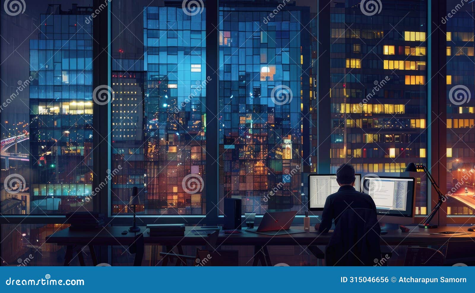 A Office Building Facade with Man Working on Computer at Night ...