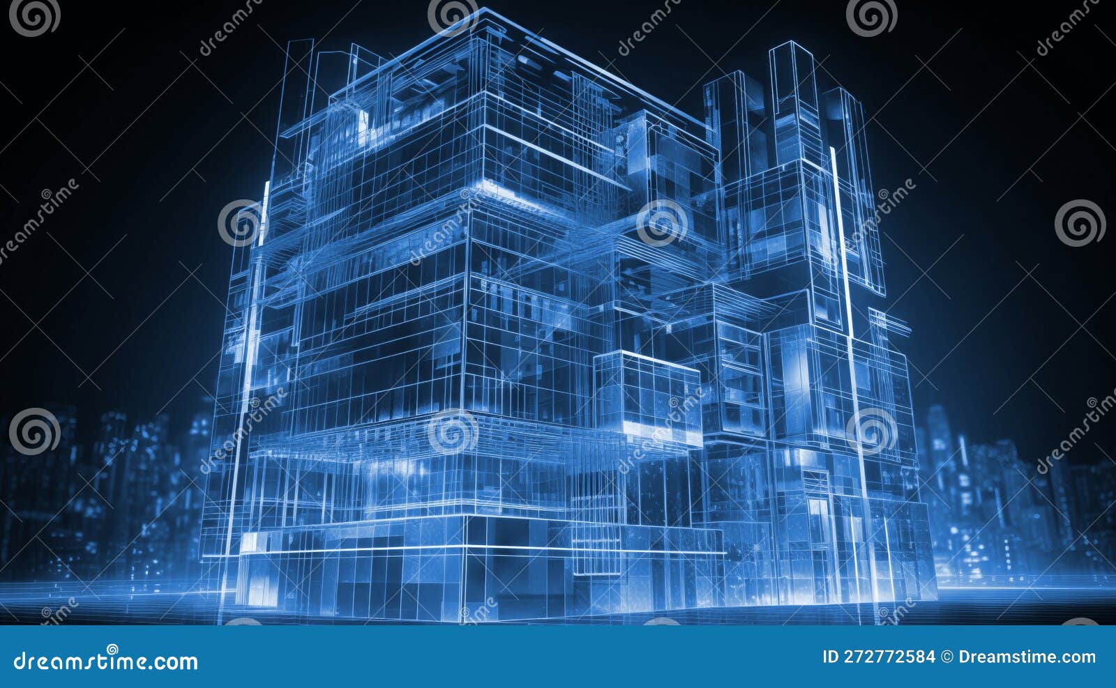 Office Building in Glowing Wireframe: a Technical Illustration Stock ...