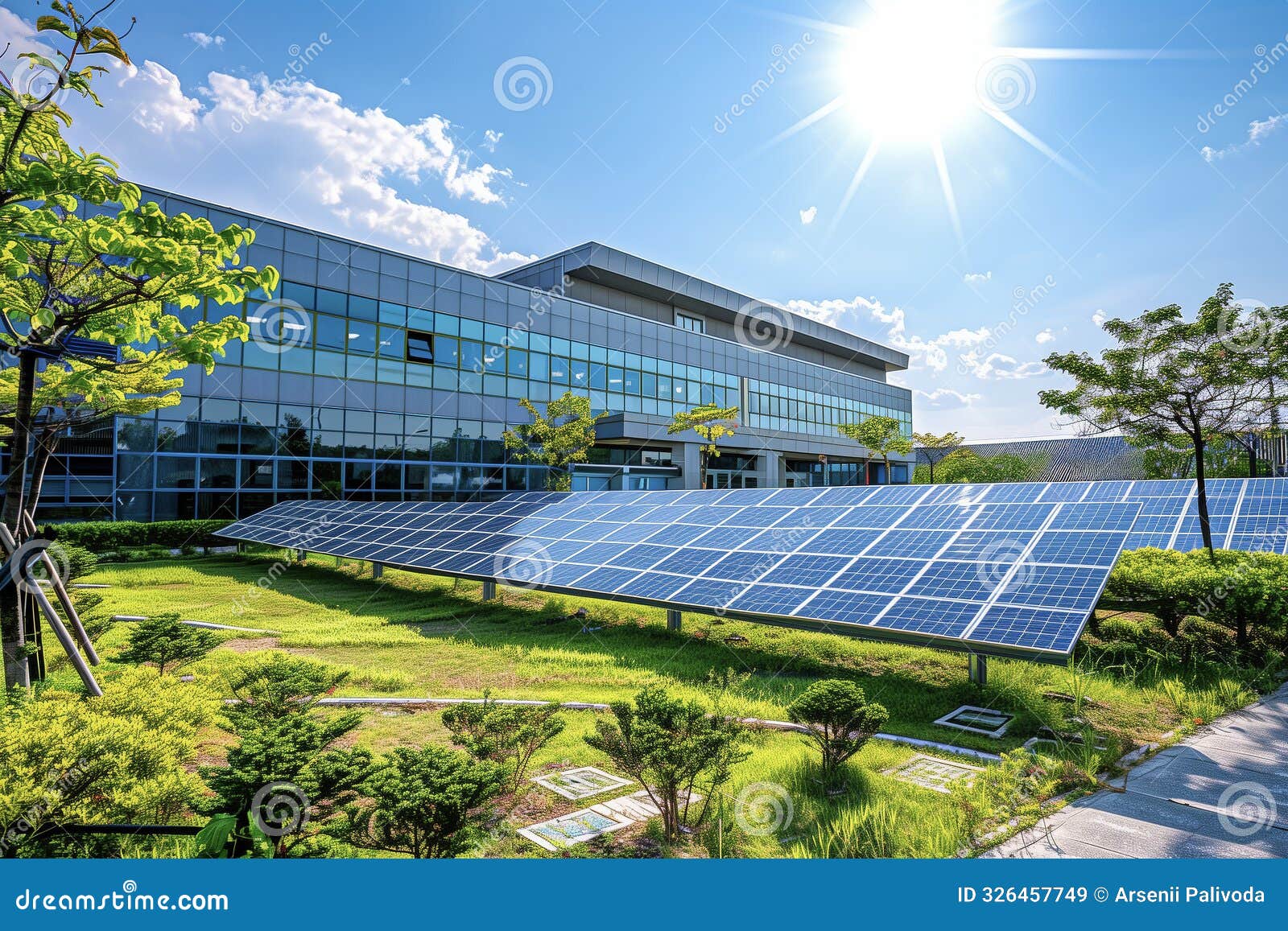 Office Building with Ground Solar Panel Array Stock Image - Image of ...
