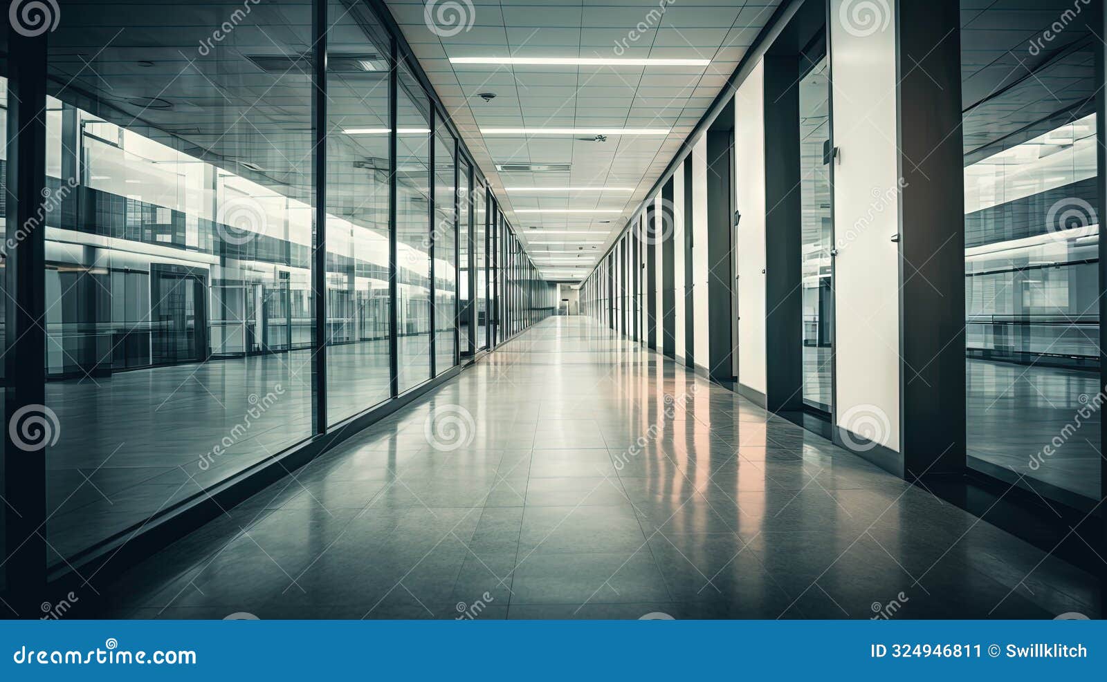 Office Building Interior with Long Hall and Doors. Empty Office ...