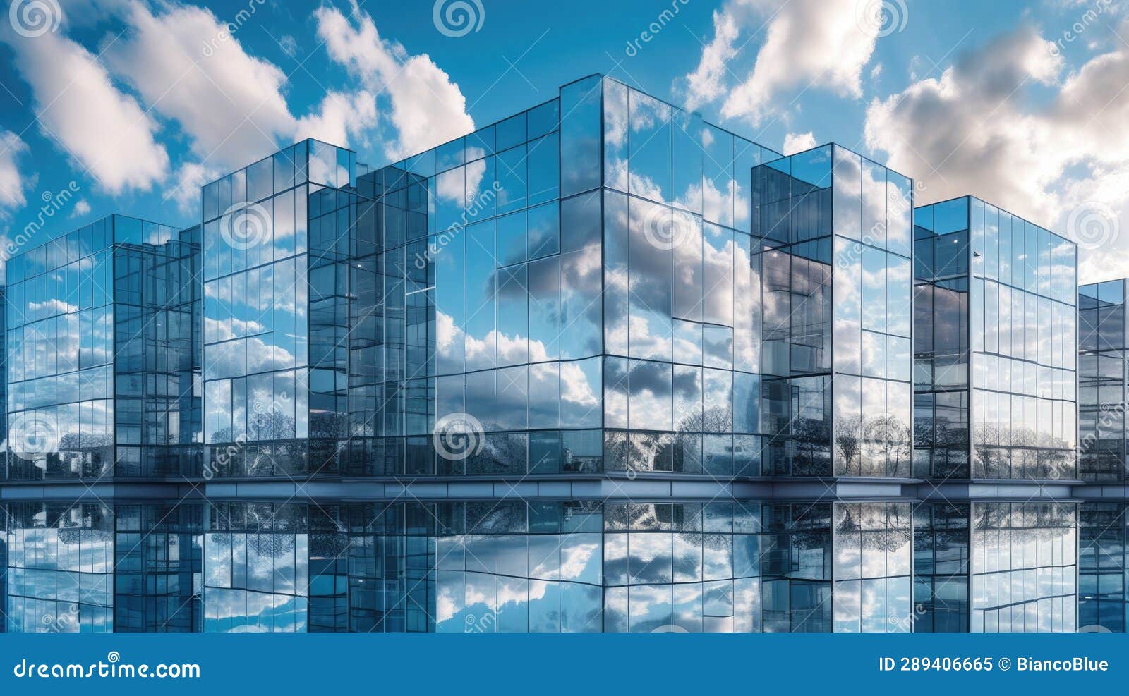 Office Building with Many Windows Reflect Cloud and Sky, Creative ...