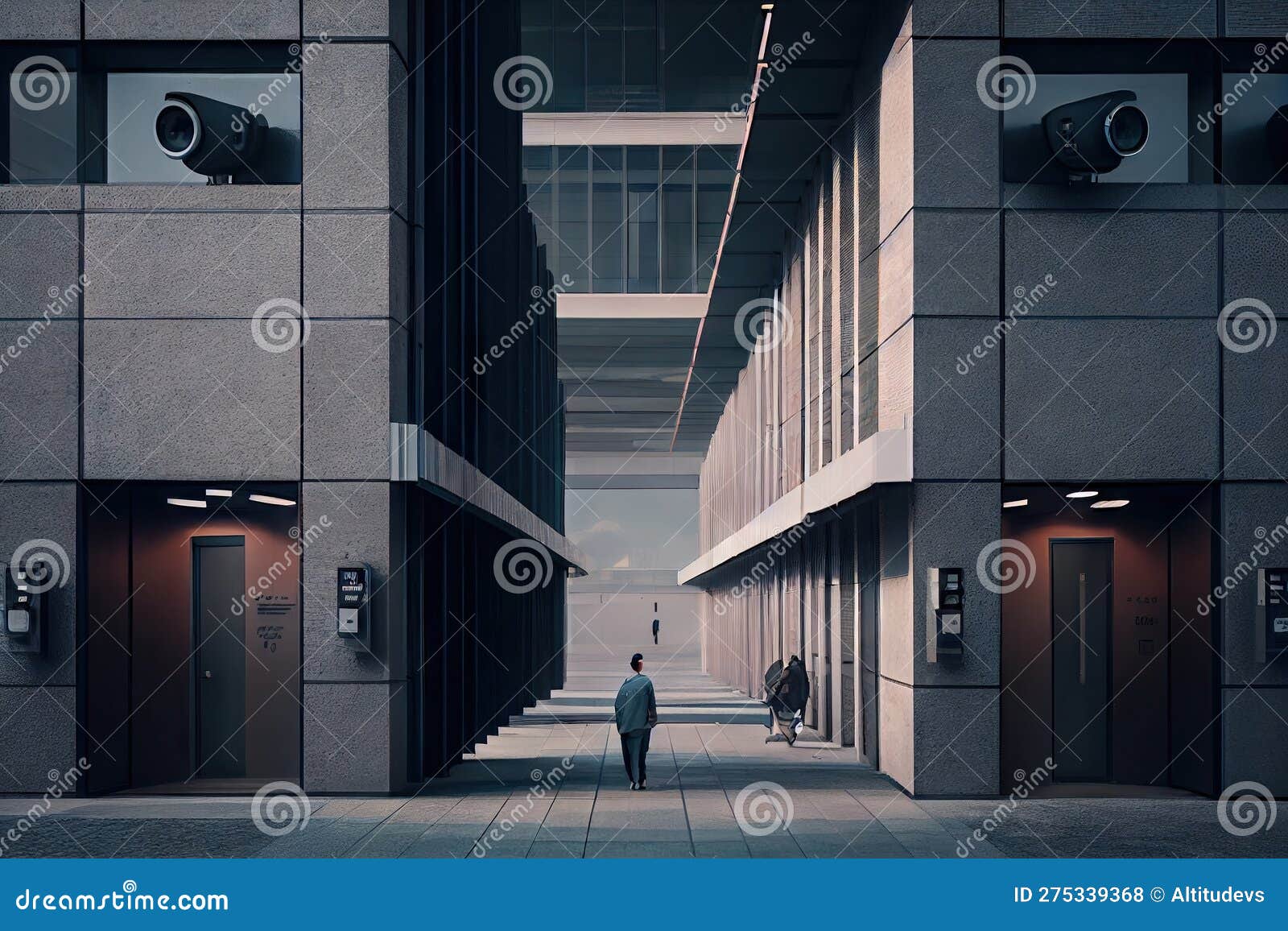 An Office Building with Multiple Security Cameras and a Person Walking ...