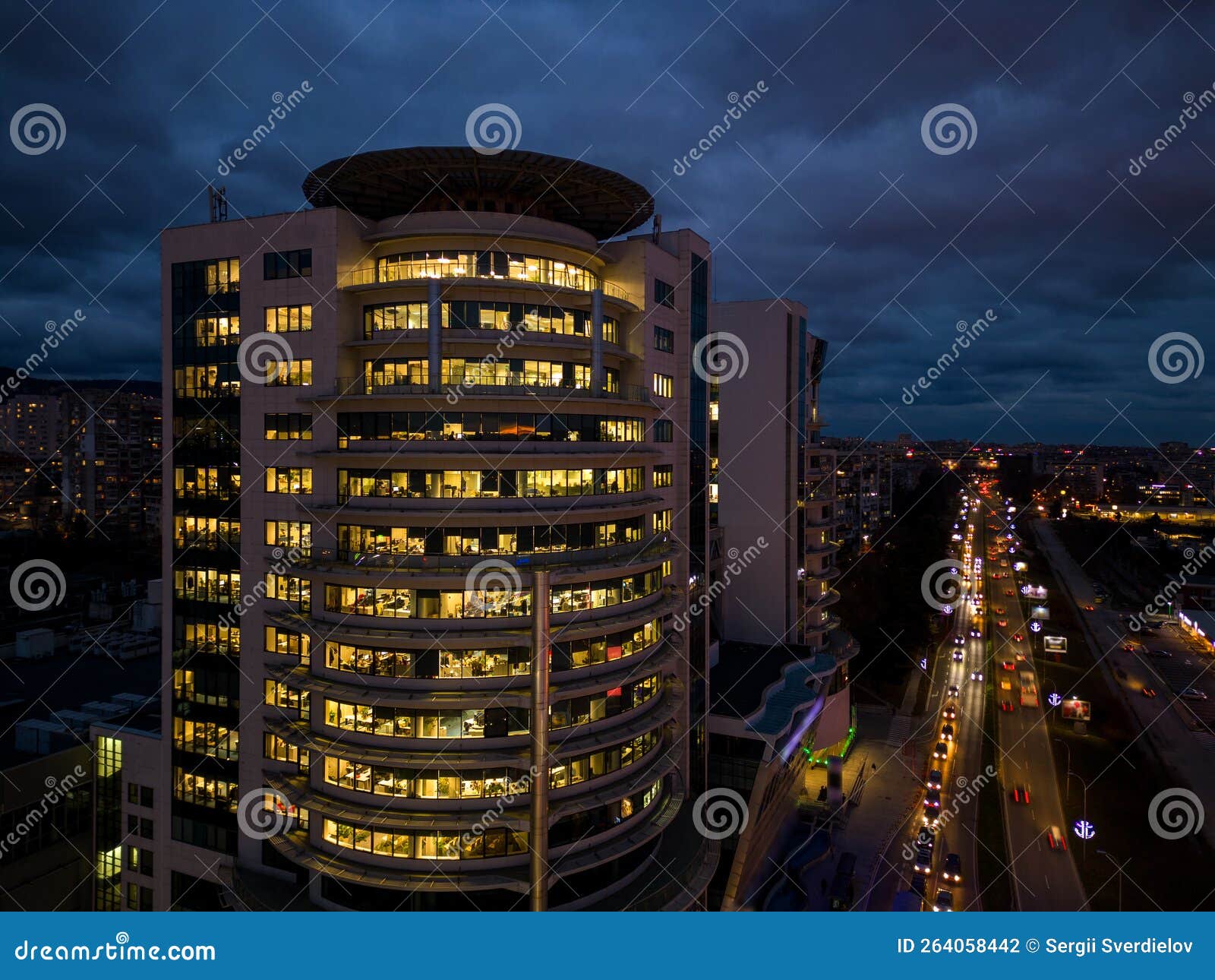 Office Building at Night. Aerial Drone View. Stock Photo - Image of ...