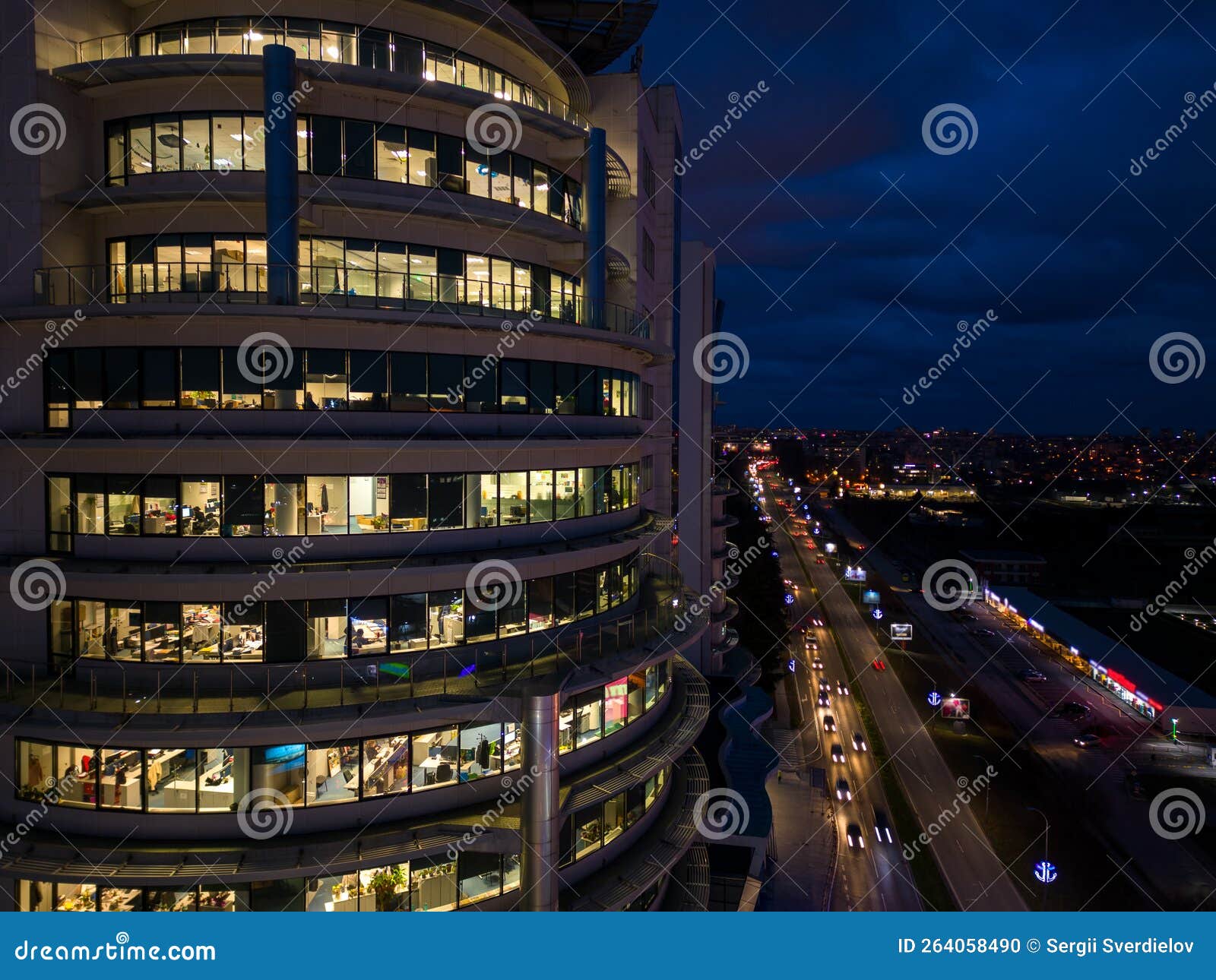 Office Building at Night. Aerial Drone View. Stock Photo - Image of ...