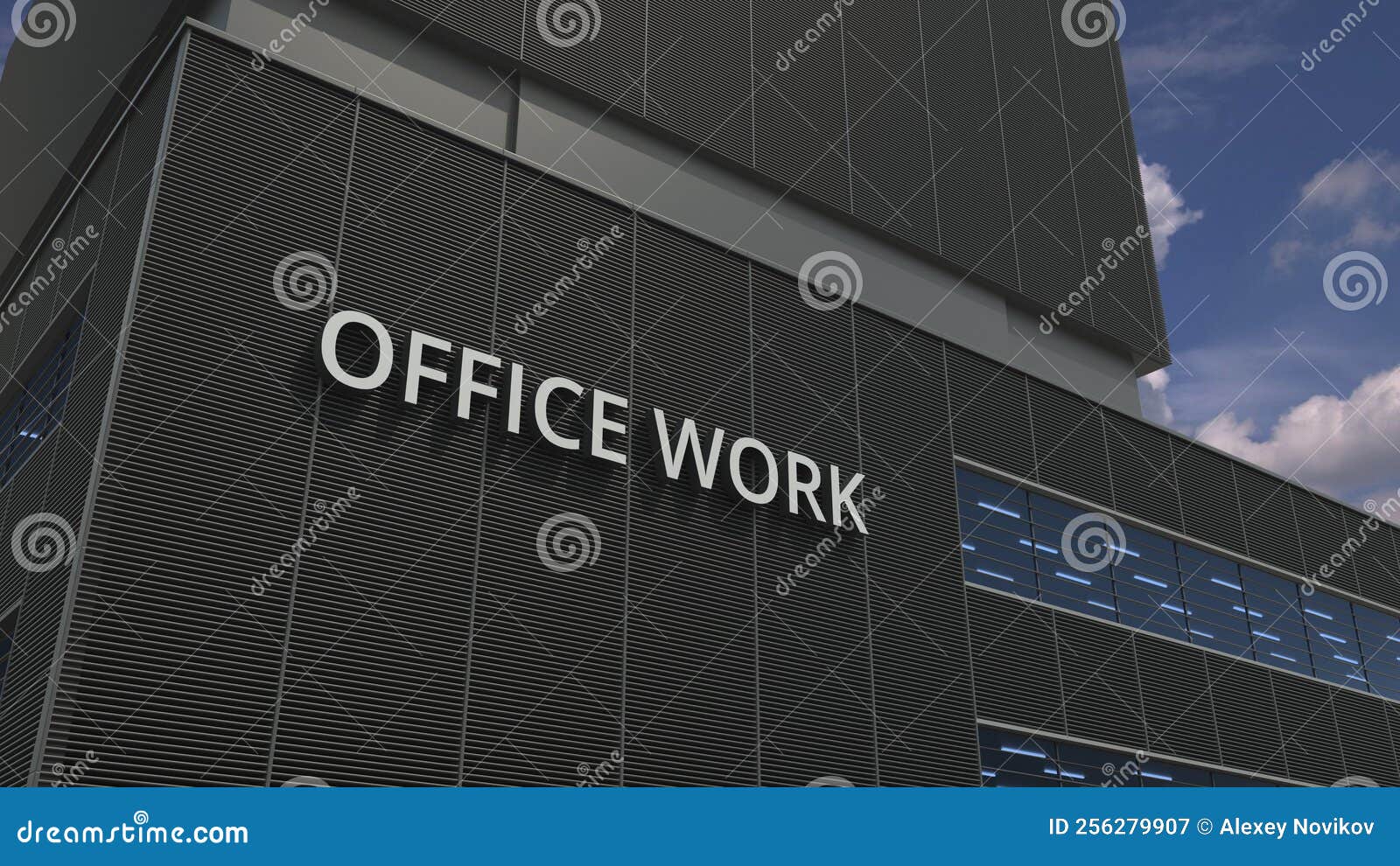 Office Building with OFFICE WORK Signboard, 3d Rendering Stock ...