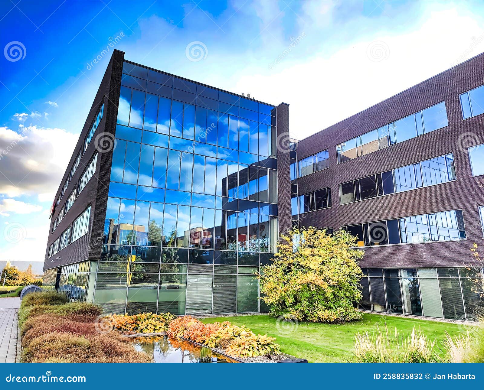 Office Building with Reflection in Windows Stock Photo - Image of ...