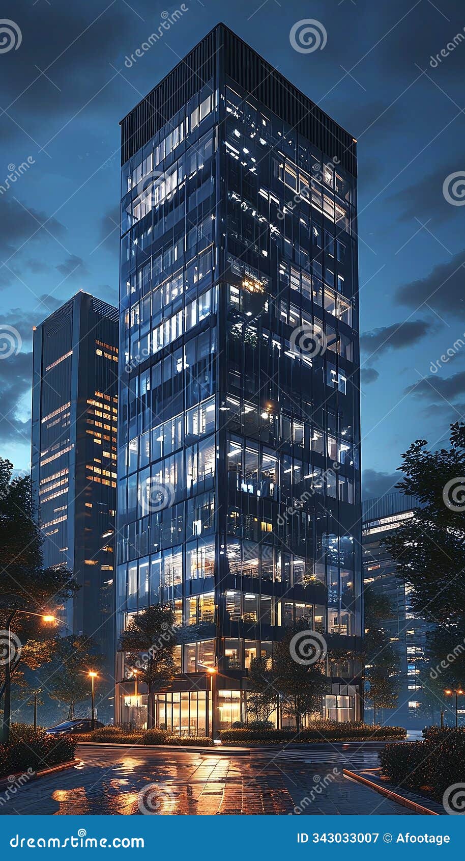 An OFFICE BUILDING TOWER, NIGHT, INTERIOR LIGHT on Stock Illustration ...