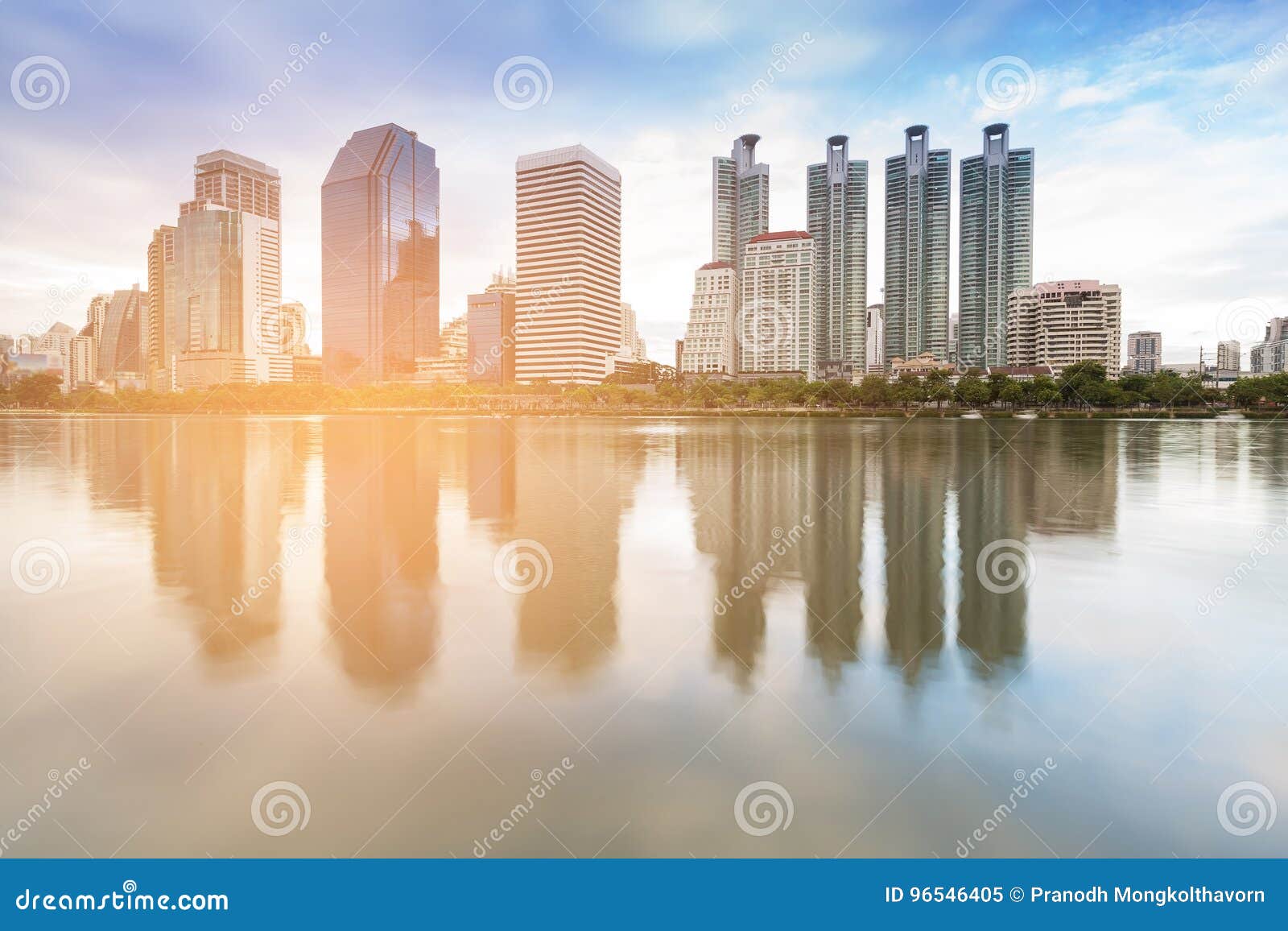 Office Building with Water Reflection Sunset Tone Stock Image - Image ...