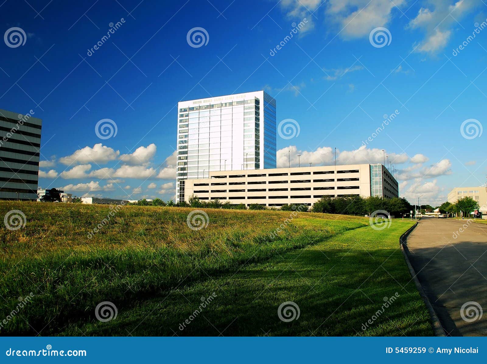 Office Buildings and Open Field Stock Image - Image of houston, green ...
