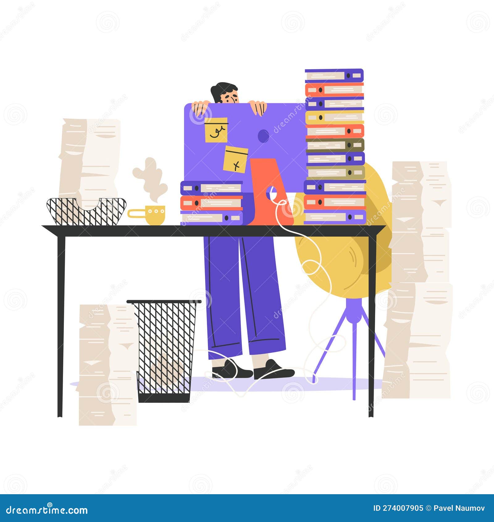 Office Bureaucracy with Man Character Hiding Behind Computer Afraid of ...