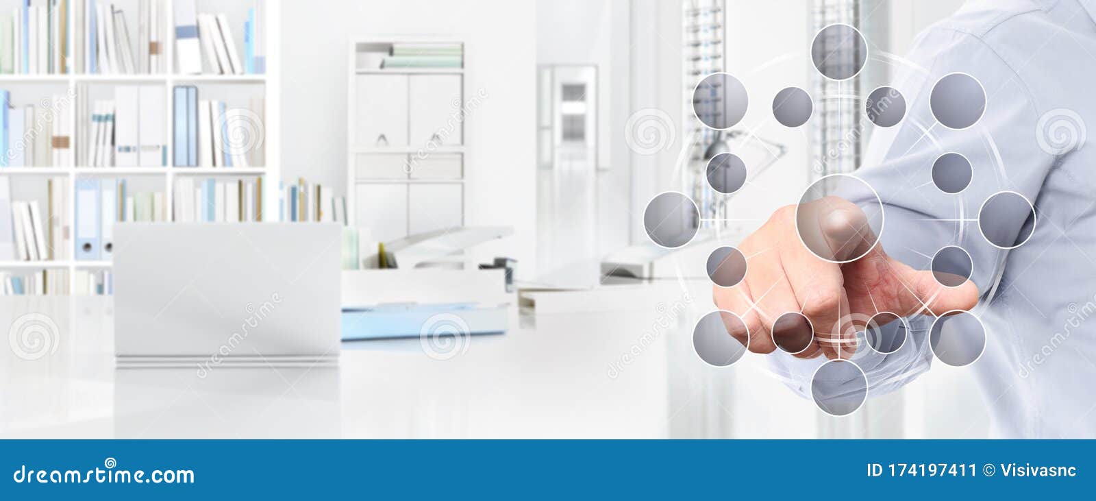 Office Business Work Concept, Hand Touch Screen Empty Icons, Web Banner ...