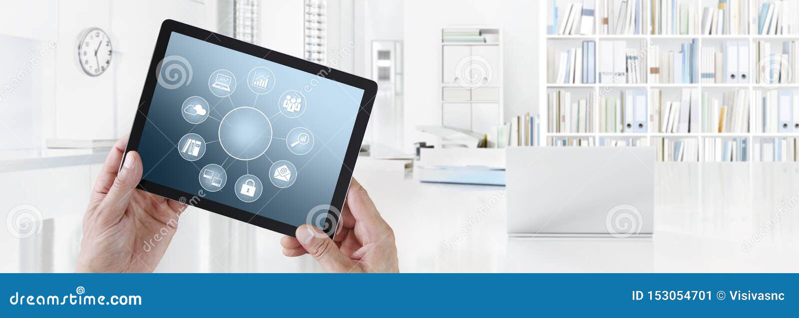 Office Business Work Concept, Hand Touch Screen Icons of Digital Tablet ...