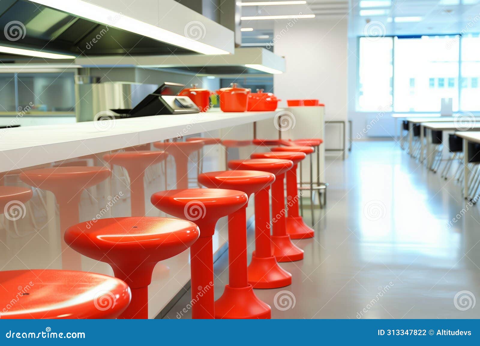 Office Canteen Area with Bright Red Stools and Empty White Counters ...