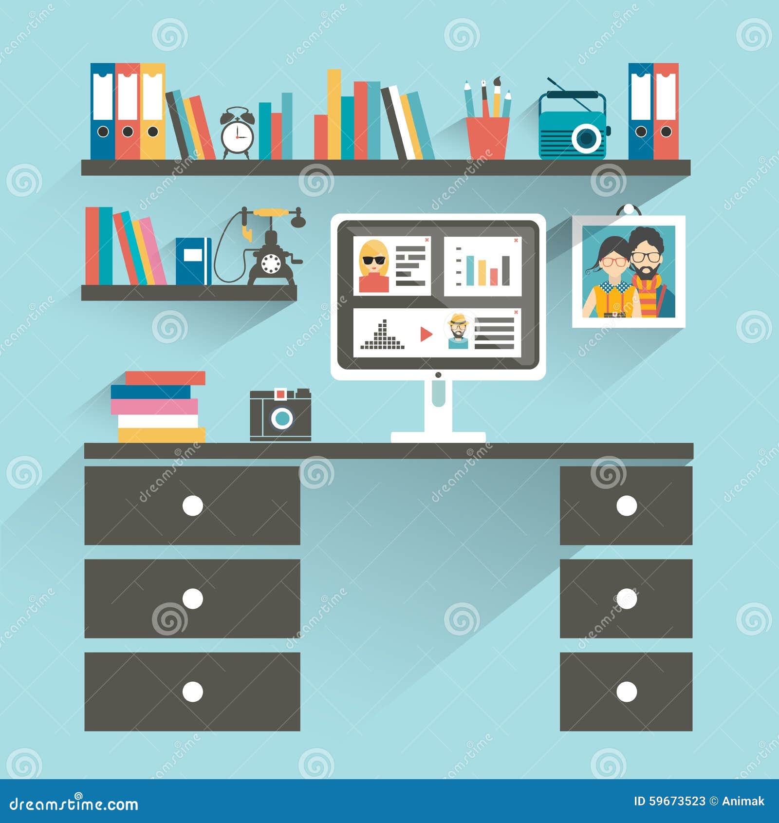 Cartoon Workplace Room Interior With Computer | CartoonDealer.com ...