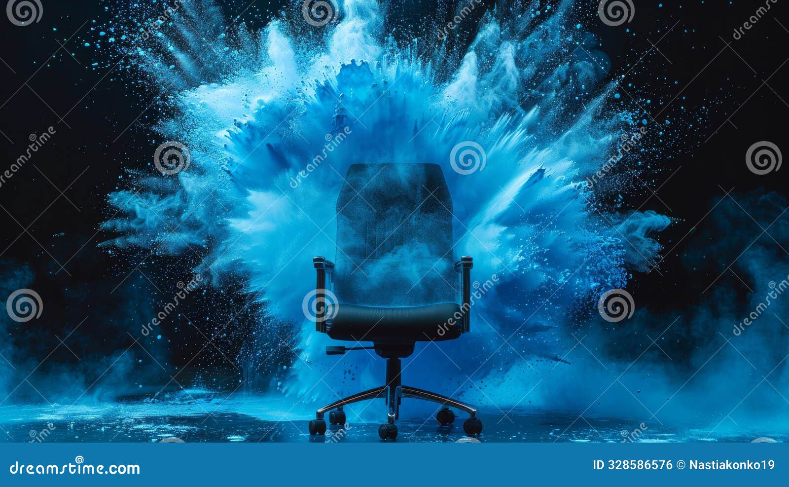 Office Chair with Blue Paint Explosion on Black Background, Dynamic and ...